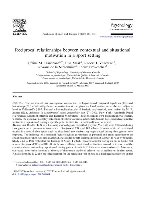 Pdf Reciprocal Relationships Between Contextual And Situational Motivation In A Sport Setting