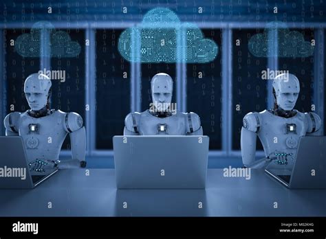 3d Rendering Circuit Cloud With Humanoid Robot In Server Room Stock