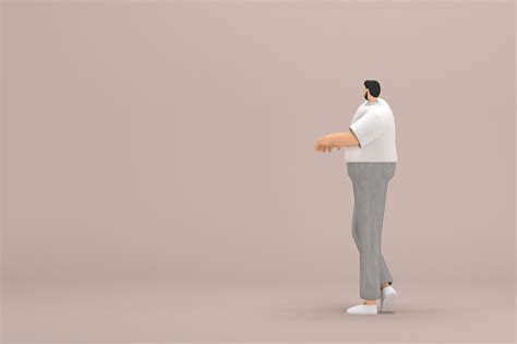 회색 코듀로이 바지와 화이트 칼라 티셔츠를 입은 수염을 가진 남자 그는 말할 때 손의 표현입니다 연기에서 만화 캐릭터의 3d 렌더링 개념에 대한 스톡 사진 및 기타 이미지