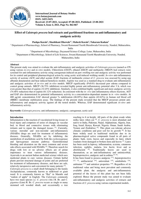 Pdf Effect Of Calotropis Procera Leaf Extracts And Partitioned Fractions On Anti Inflammatory