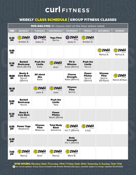 Curl Fitness Class Schedule