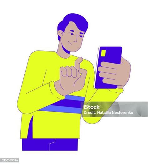 Gen Z 인도 남자 입력 스마트 폰 2d 선형 만화 캐릭터 2차 도형에 대한 스톡 벡터 아트 및 기타 이미지 2차 도형 Brand Name Smart Phone Z