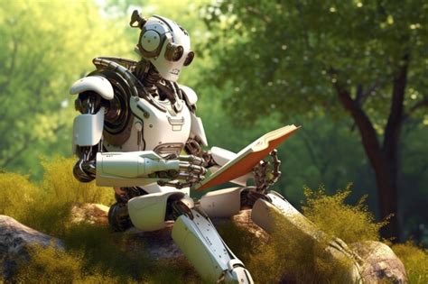Premium Ai Image Robot Reading A Book In Nature Generative Ai