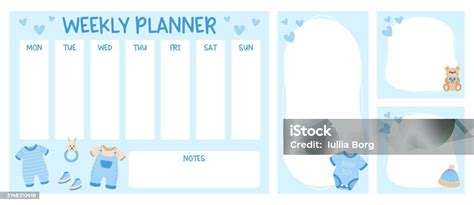 베이비 샤워 파티 또는 임신 시간을 위한 아기 소년 플래너 메모지 및 프레임 파란색 신생아 의류 요소 벡터 일러스트 레이 션입니다 0명에 대한 스톡 벡터 아트 및 기타
