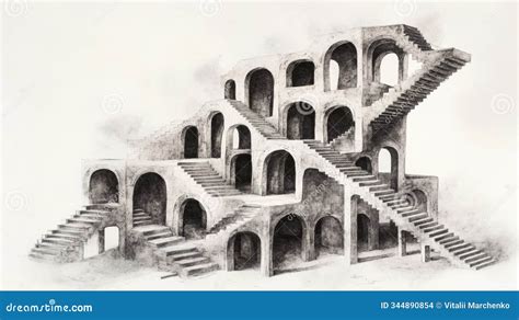 Surreal Architectural Labyrinth With Intertwined Arched Staircases Stock Illustration