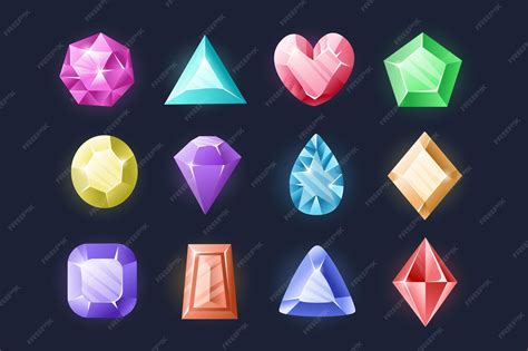 보물 돌 만화 화려한 크리스탈과 보석 판타지 마법의 보석 벡터 격리 세트 프리미엄 벡터