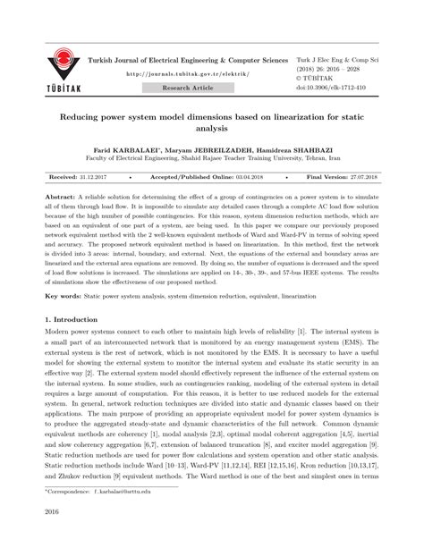 Pdf Reducing Power System Model Dimensions Based On Linearization For Static Analysis