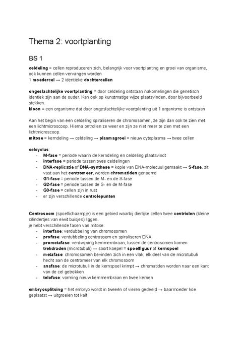 Samenvatting Thema 2 Voortplanting Thema 2 Voortplanting Bs 1 Celdeling Cellen Reproduceren