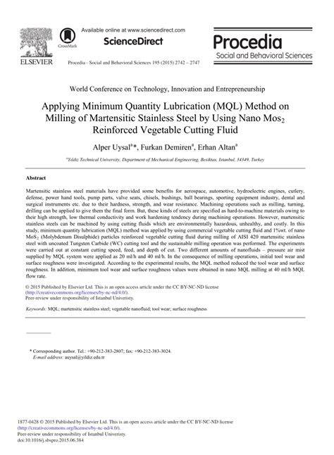 Pdf Applying Minimum Quantity Lubrication Mql Method On Milling Of Martensitic Stainless