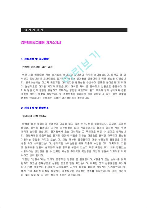 기타 컴퓨터프로그래머2 자기소개서 우수샘플 Best 자소서 It전산통신자기소개