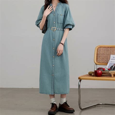 핑크엘리제 벌룬 소매 벨트 데님 롱 원피스 딜라잇데님원피스