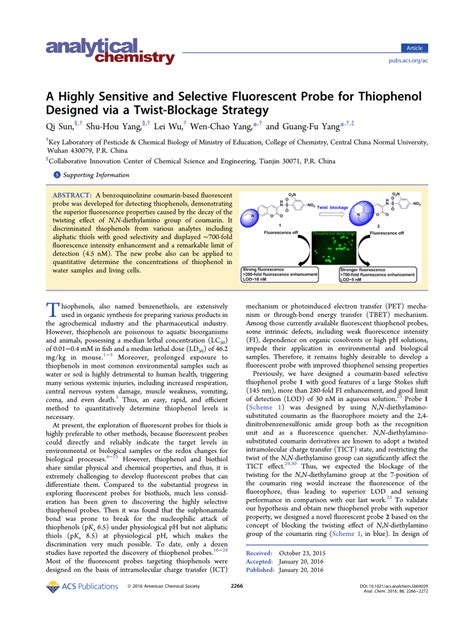 Pdf A Highly Sensitive And Selective Fluorescent Probe For Thiophenol