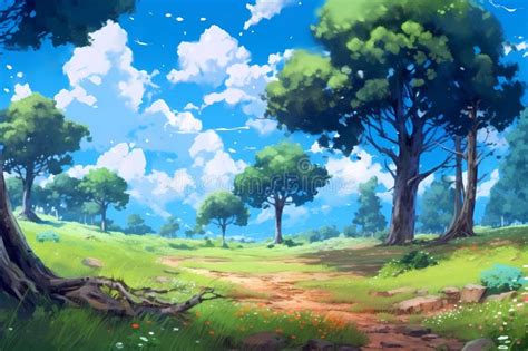 Green Trees In The Field Blue Sky Sunlight Generated Ai Generative Assistant Stock