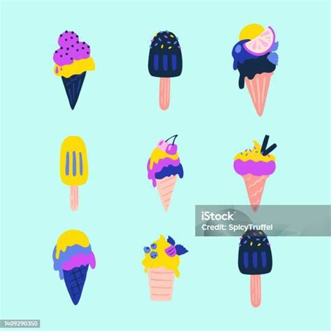 아이스크림 세트 다양한 종류의 여름 디저트 딸기와 토핑이 들어간 와플 콘의 달콤한 냉동 공 스틱에 과일 선데이 밝은 색상 맛있는 아이스크림 벡터 일러스트 레이 션 0명에