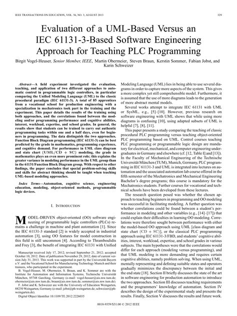 Pdf Evaluation Of A Uml Based Versus An Iec 61131 3 Based Software Engineering Approach For