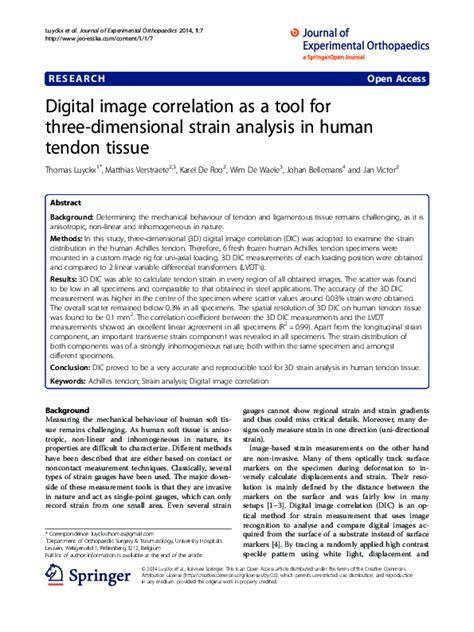 Pdf Digital Image Correlation As A Tool For Three Dimensional Strain Analysis In Human Tendon