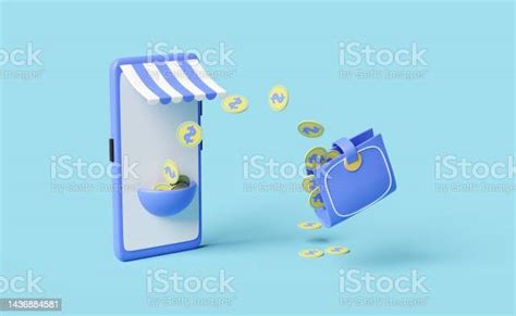 지갑과 휴대 전화 또는 스마트폰 파란색 배경 3d 그림 또는 3d 렌더링에 격리된 동전 절약 돈 개념 0명에 대한 스톡 사진 및 기타 이미지 Istock