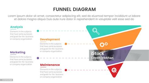 4 포인트 목록과 깔때기 모양 피라미드 방향이있는 슬라이드 프리젠 테이션을위한 인포 그래픽 깔때기 차트 개념 인포그래픽에 대한 스톡 벡터 아트 및 기타 이미지 Istock