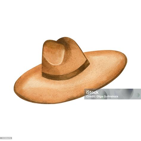 흰색 바탕에 아프리카의 사파리를 위한 갈색 모자 수채화로 손으로 그렸습니다 직물 종이 스크랩북 및 공예품에 인쇄하기에 적합