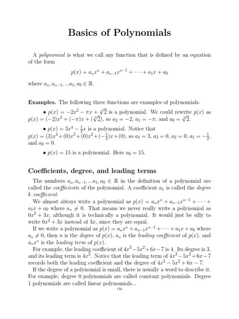 Basics Of Polynomials Coefficients Degree And Leading Terms Pdf
