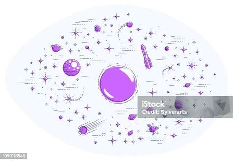 별 혜성 소행성 및 다른 요소와 알려지지 않은 환상적인 행성 우주 숨막히는 공간 과학을 탐구 한다 얇은 선 3d 벡터 그림은 흰색 절연입니다 은하에 대한 스톡 벡터 아트 및