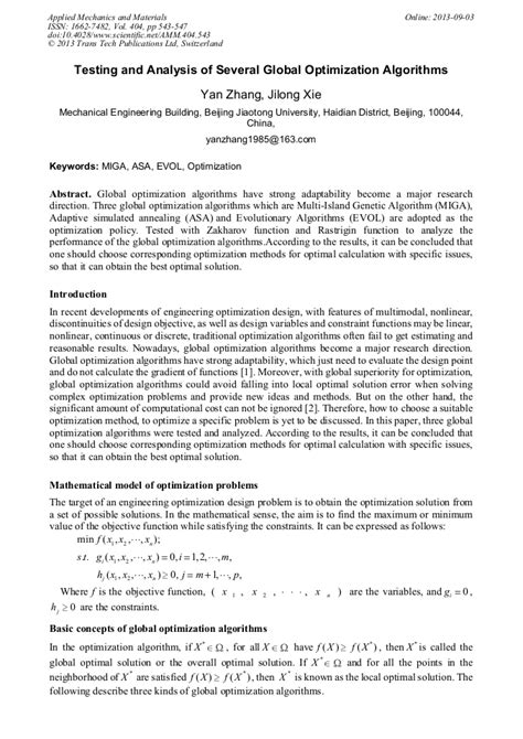 Testing And Analysis Of Several Global Optimization Algorithms Scientific Net
