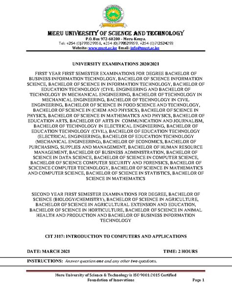 Cit 3117 Introduction To Computers And Applications Meru University Of Science And Technology Is