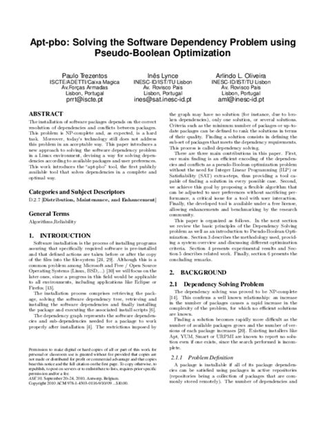 Pdf Apt Pbo Solving The Software Dependency Problem Using Pseudo Boolean Optimization