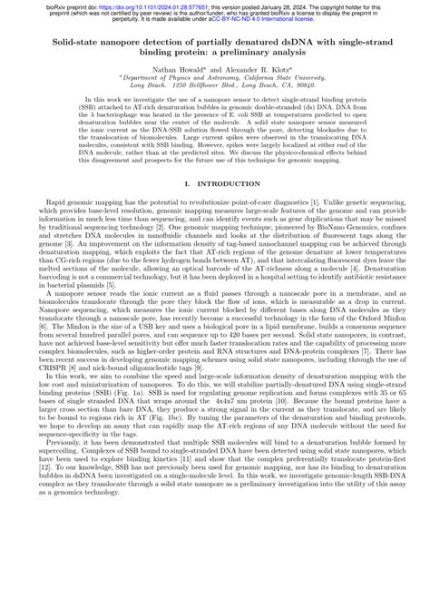 Pdf Solid State Nanopore Detection Of Partially Denatured Dsdna With Single Strand Binding