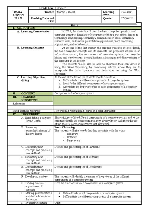 Dll Ict Ict Daily Lesson Plan Grade Level Grade 7 Teacher Marvin I Bucsit Learning Area Tle