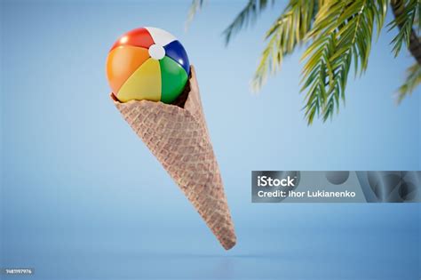 여름 방학의 개념 손바닥 잎이 달린 아이스크림 대신 와플 컵에 담긴 공 3d 렌더링 개념에 대한 스톡 사진 및 기타 이미지 개념 개념과 주제 구 Istock