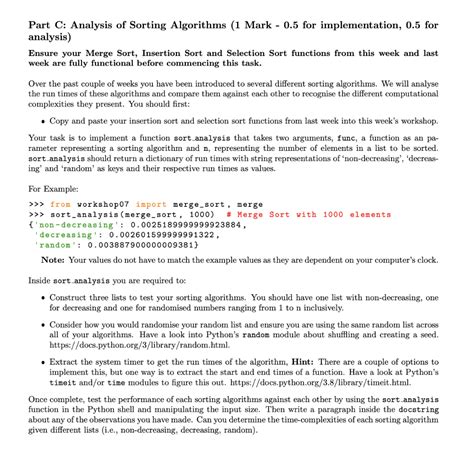 Solved Part C Analysis Of Sorting Algorithms 1 Mark 05