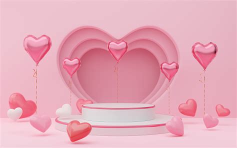 분홍색 테두리가 있는 빈 흰색 실린더 연단 아치와 커튼 배경에 하트 풍선 받침대가 있는 발렌타인 데이 인테리어 제품 디자인 전시를 위한 모형 공간 3d 렌더링 2월에 대한