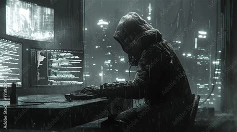 An Anonymous Figure Sits Hunched Over A Keyboard In A Hood Their Fingers Rapidly Typing In A