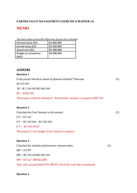 Tutorial 3 Exercise Memo Earned Value Management Exercise Chapter 14 Memo You Have Been