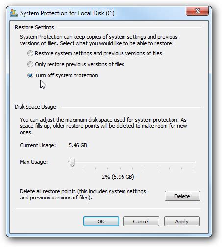Disable System Restore In Windows 7