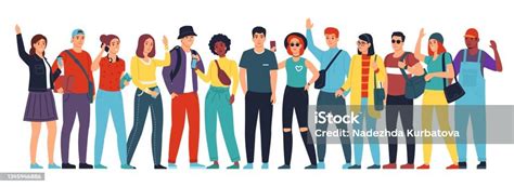 사람들 그룹 젊은 남자와 여자 행에 서 학생들은 미소를 지으며 손을 흔들며 인사를 하고 있다 시민 그룹화 다문화 친구 문화와 국가의 다양성 벡터 개념 십대에 대한 스톡 벡터