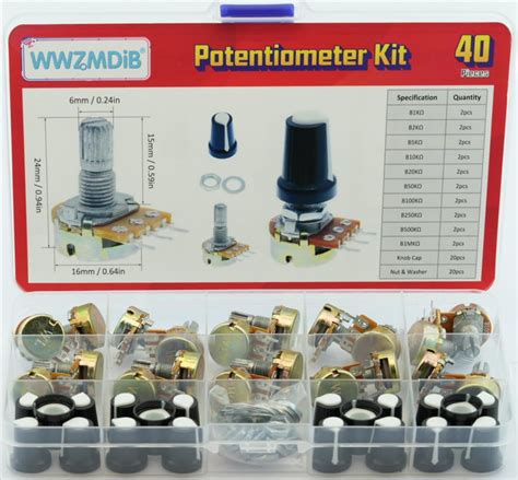 Wwzmdib 40pcs Potentiometer Kit With Knobs B1k 2k 5k 10k 20k 50k 100k 250k 500k 1m Ohm
