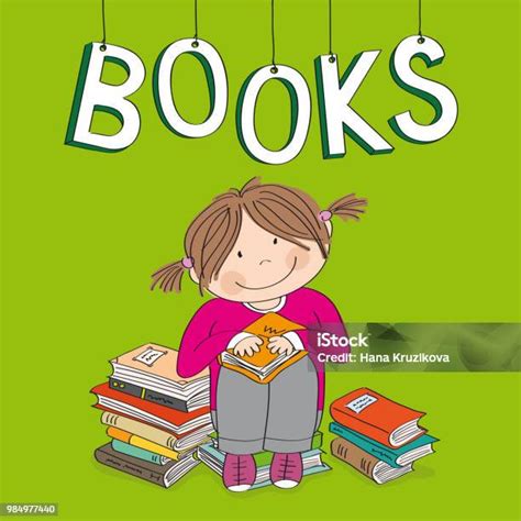 도 서의 더미에 앉아 귀여운 소녀 그려진된 그림 손 즐기는 읽기원래 책의 포위 하는 공부에 대한 스톡 벡터 아트 및 기타 이미지