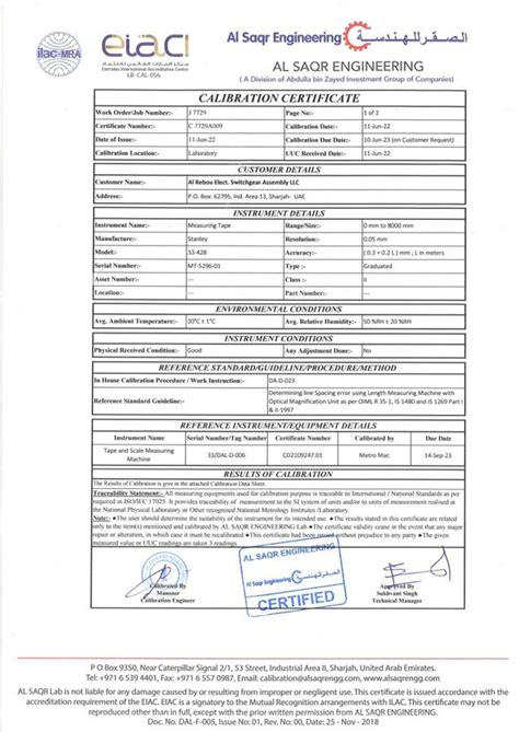 Calibration Certificate Al Rebou Elect Switchgear Assembly Llc