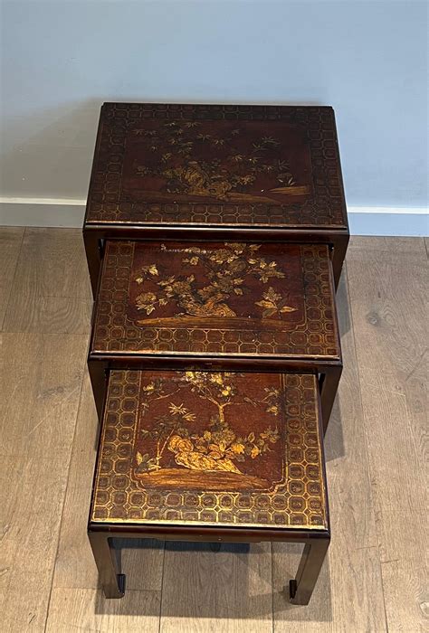 Set Of Three Lacquered Nesting Tables With Chinese Scenes Circa 1940 For Sale At 1stdibs