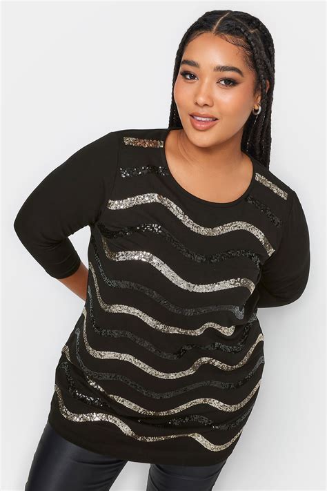 Yours Plus Size Black And Gold Sequin Embellished Stripe Top Yours Clothing