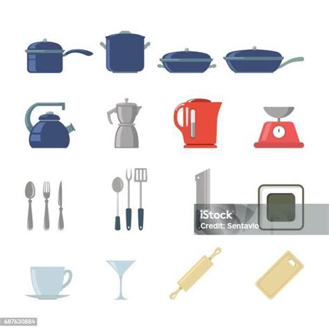 평면 창조적인 스타일 현대적인 조리 기구 주방 도구 Infographic 벡터 아이콘 세트 커피 메이커 후라이팬 냄비 주전자 유리 롤링 핀 접시 요리 칼 칼 잔 비늘 개체