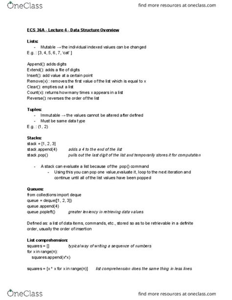 Ecs 36a Lecture Notes Fall 2018 Lecture 4 List Comprehension Double Ended Queue Abstract