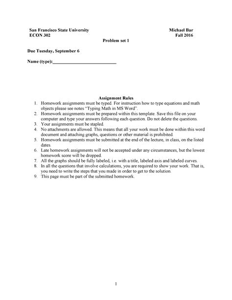 Hw1 Q A Homework Assignment 1 San Francisco State University Michael Bar Econ 302 Fall