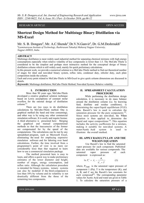 Shortcut Design Method For Multistage Binary Distillation Via Ms Exce Pdf