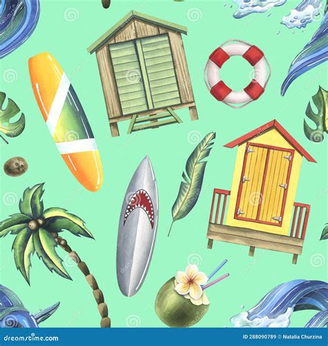 Beach Cabins Surfboards Palm Trees Flowers Coconuts Wave