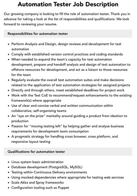 Automation Tester Job Description Velvet Jobs