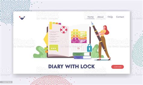 잠금 방문 페이지 템플릿걸이 계획 거래와 거대한 일기에서 작은 여성 캐릭터 목록을 채우기 스티커를 넣어 수첩에 대한 스톡 벡터