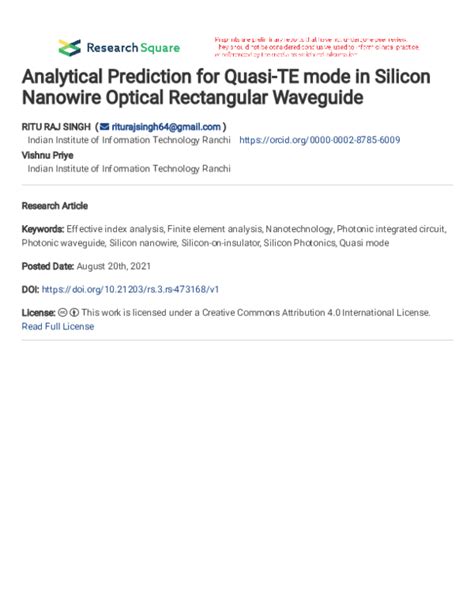 Pdf Analytical Prediction For Quasi Te Mode In Silicon Nanowire Optical Rectangular Waveguide